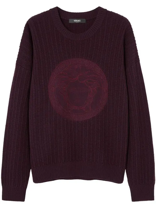 Versace Medusa-Embroidered Cable-Knit Sweater In Red - 50% Off