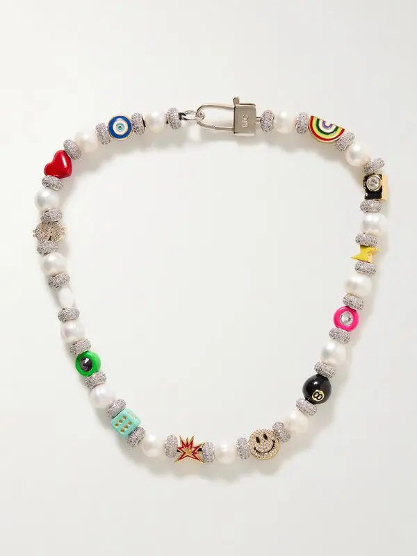 MARTHA CALVO Pearl, Enamel And Crystal Necklace - Gold