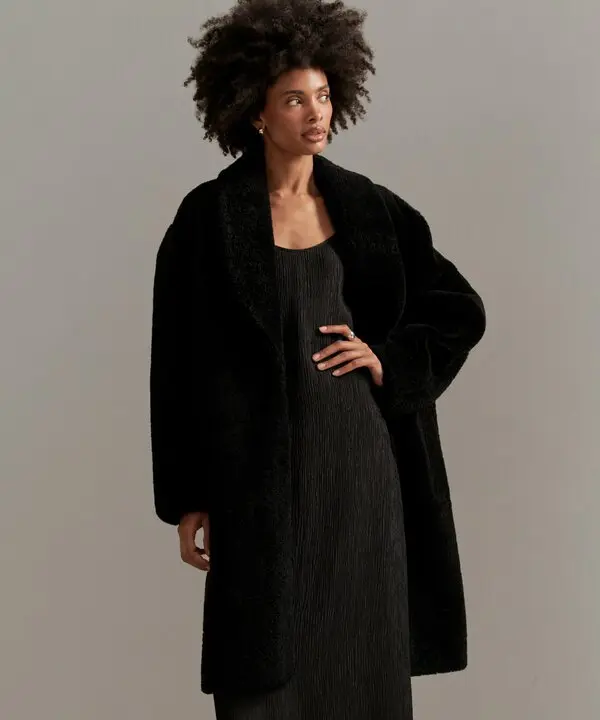 Jenni Kayne Long Shearling Yves Shawl Coat - Black | Editorialist
