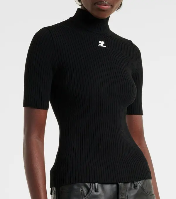 COURREGES Courrèges Ribbed Knit High Neck Top - Black