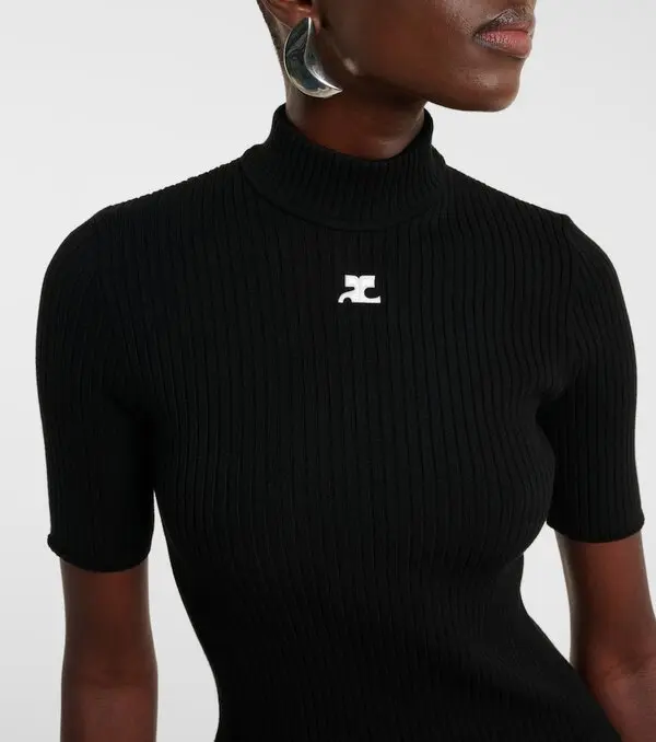 COURREGES Courrèges Ribbed Knit High Neck Top - Black