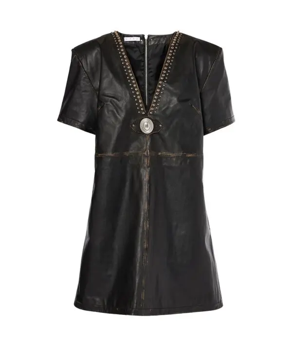 AREA Studded Leather Shirt Dress