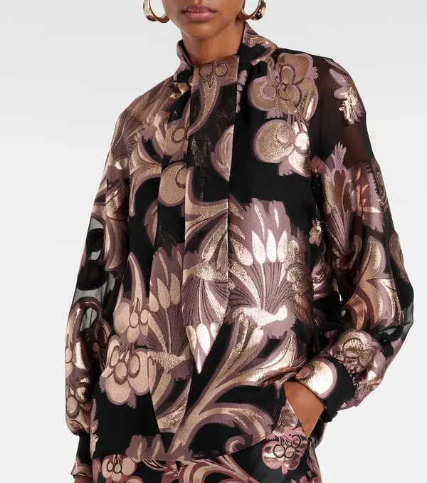 Etro Semi-sheer Tie-neck Lamé Blouse
