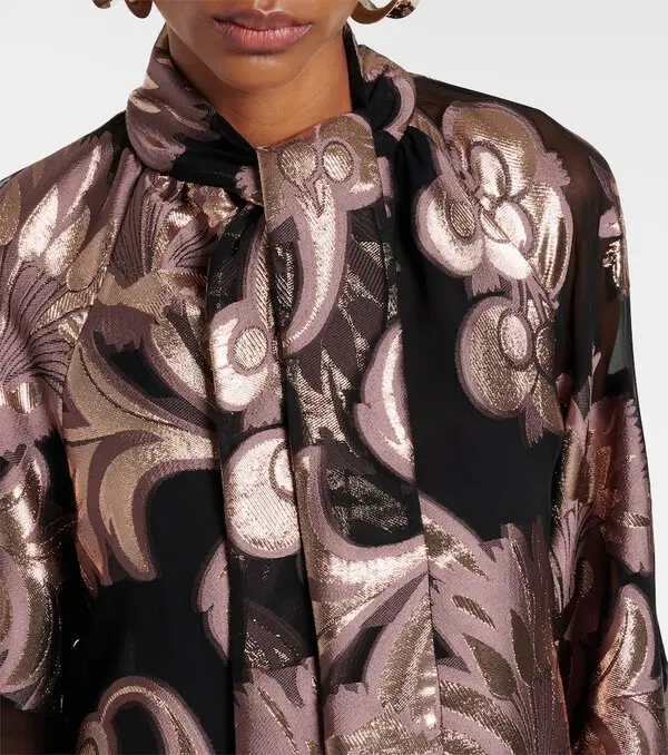 Etro Semi-sheer Tie-neck Lamé Blouse