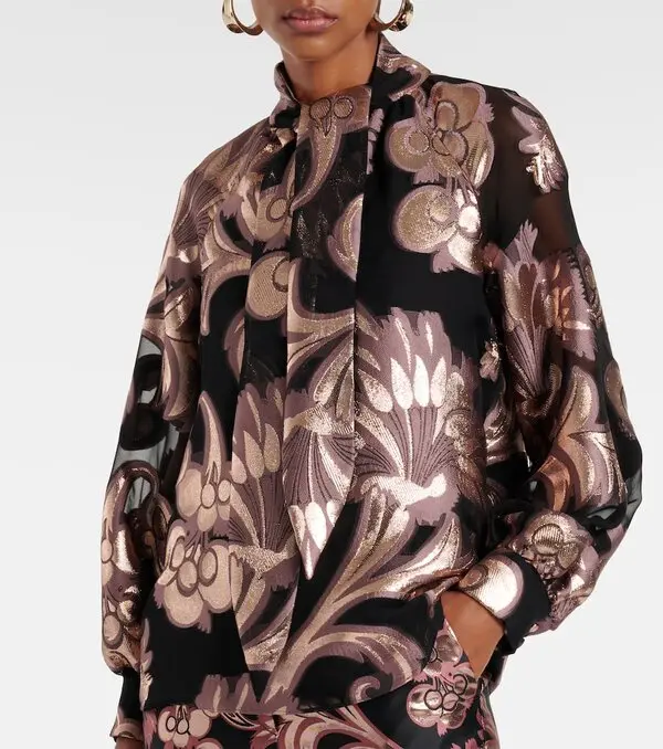 Etro Semi-sheer Tie-neck Lamé Blouse