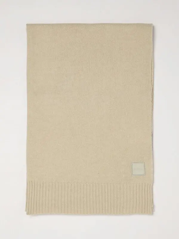 BOSS Rectangular Wool And Cotton Scarf With Ribbed Edges And Logo - Beige