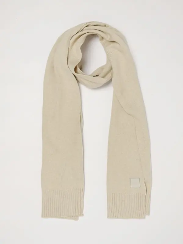 BOSS Rectangular Wool And Cotton Scarf With Ribbed Edges And Logo - Beige