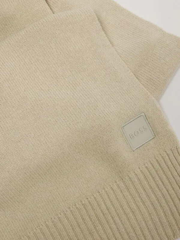 BOSS Rectangular Wool And Cotton Scarf With Ribbed Edges And Logo - Beige
