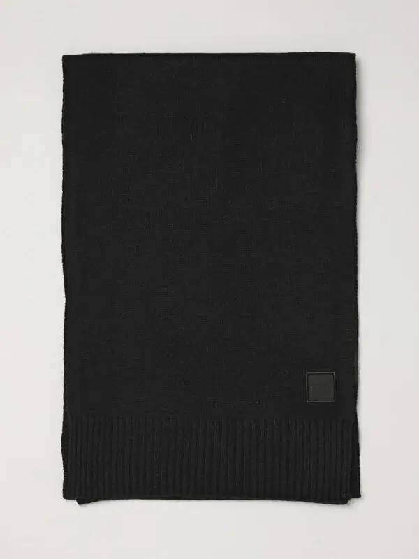 BOSS Rectangular Wool And Cotton Scarf With Ribbed Edges And Logo - Black