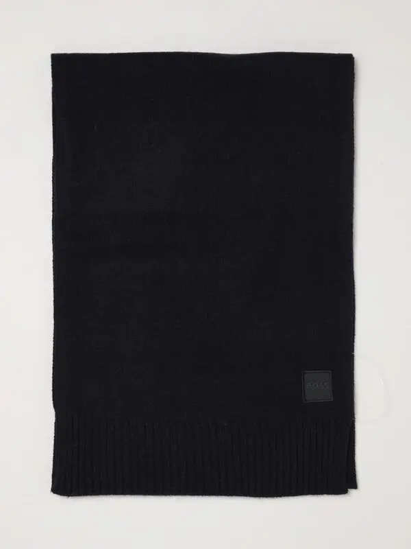 BOSS Rectangular Wool And Cotton Scarf With Ribbed Edges And Logo - Blue
