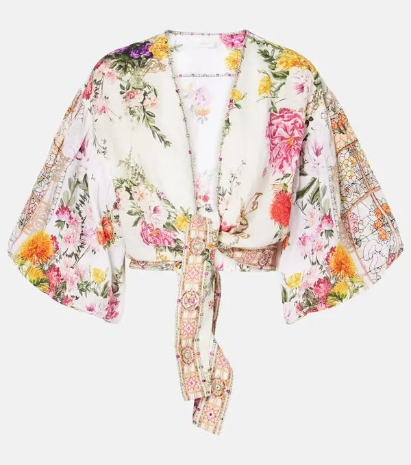 Camilla Floral Linen Crop Top - White