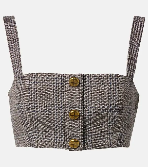 SELF-PORTRAIT Checked Cotton And Linen Bra Top - Brown