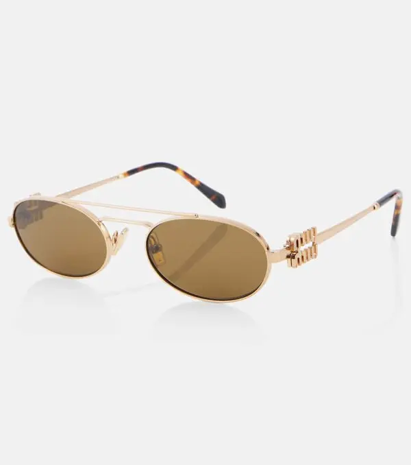 Miu Miu Oval Sunglasses With Tone Logo Detail - Gold