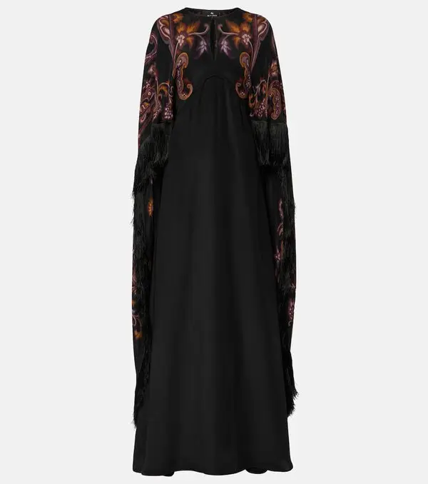 Etro Paisley Caped Silk Gown With Fringe