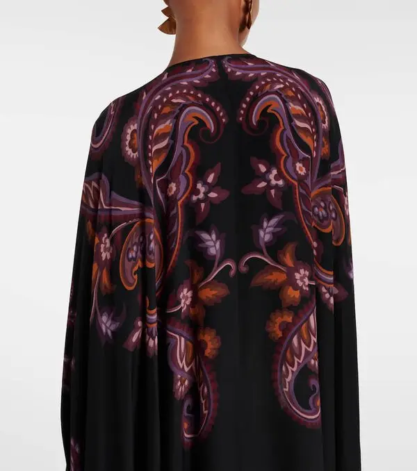 Etro Paisley Caped Silk Gown With Fringe