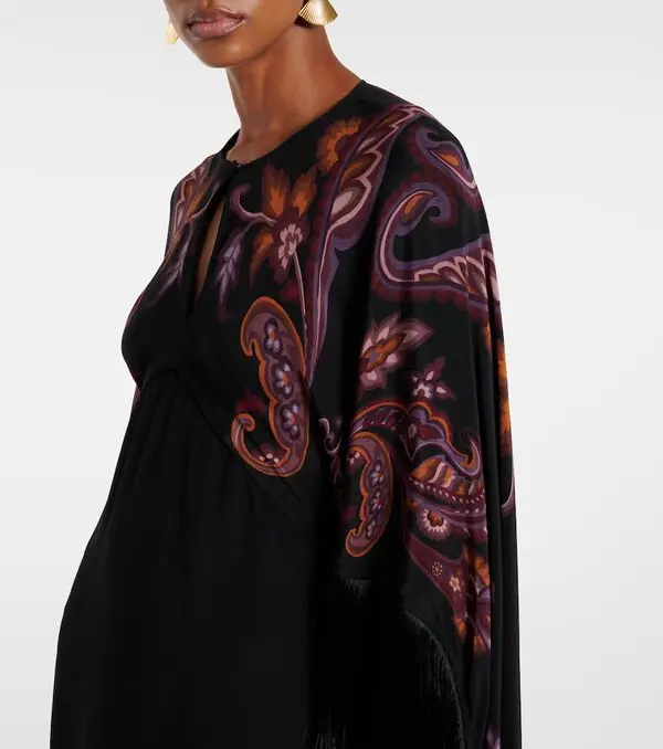 Etro Paisley Caped Silk Gown With Fringe