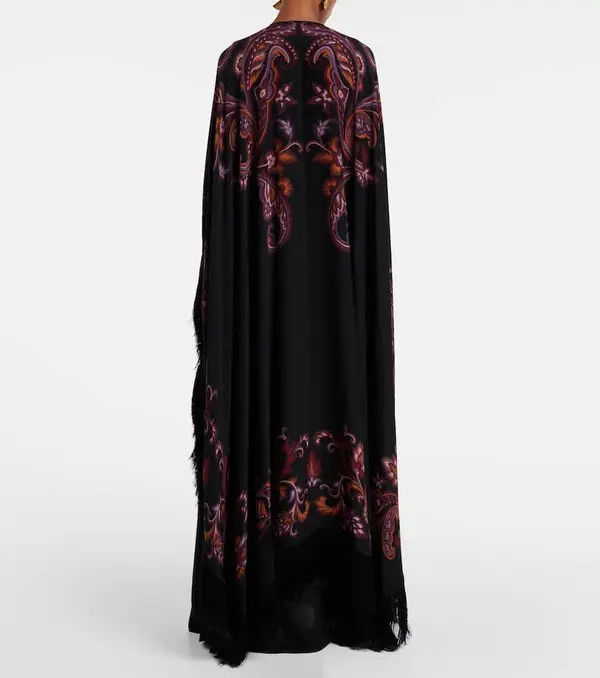 Etro Paisley Caped Silk Gown With Fringe