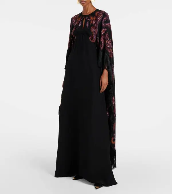 Etro Paisley Caped Silk Gown With Fringe