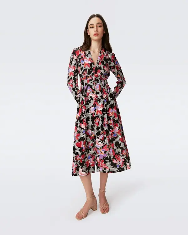 knee length dresses for ladies DVF Diane von Furstenberg Hughie Long Sleeve Midi Party Dress In Black   TheFabNest