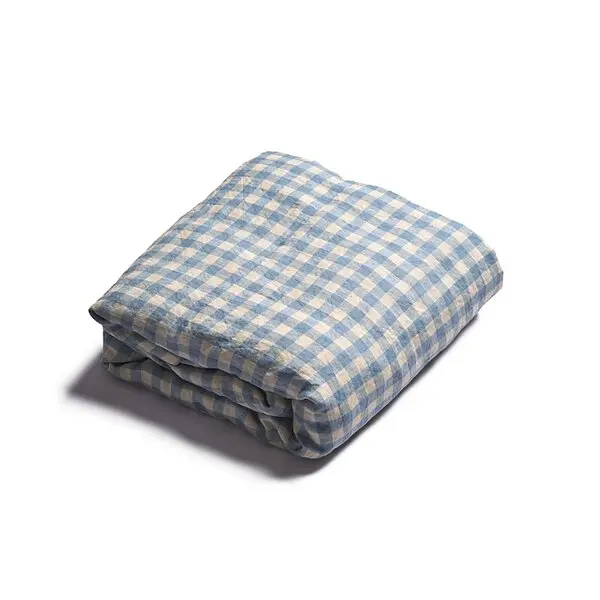 PIGLET IN BED Gingham Linen Fitted Sheet - Warm Blue Gingham