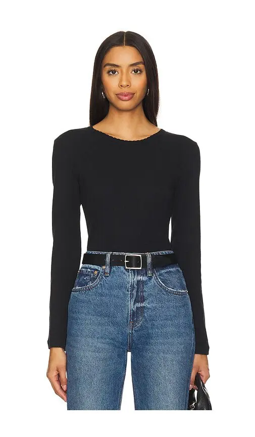 LESET Pointelle Long Sleeve Top - Black