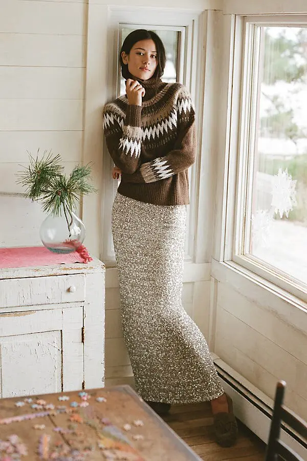 Anthropologie Tilda Sequin Maxi Slip Skirt - Silver