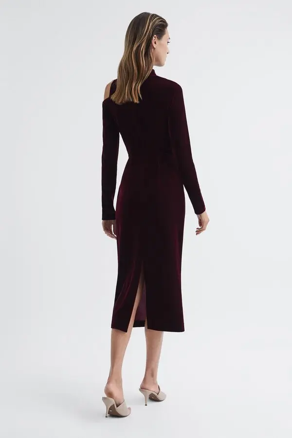 Reiss Tatiana Velvet Cut-Out Shoulder Dress In Burgundy - 50% Off