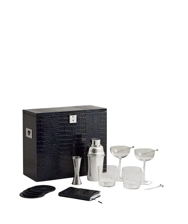 Smythson Mara Croc-effect Leather Bar Set - Silver