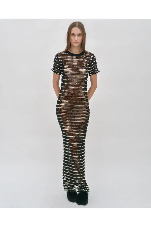 Rosetta Getty Beaded Crochet Short Sleeve Dress