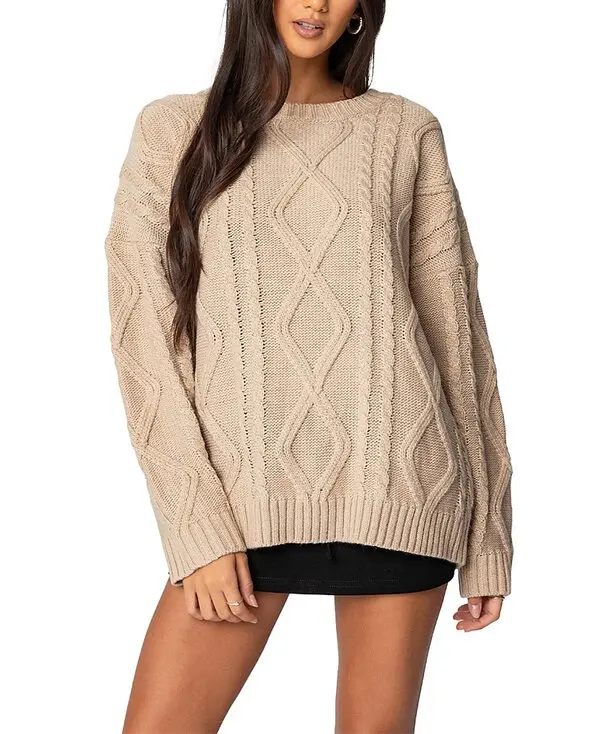 EDIKTED Kennedy Oversized Cable Knit Sweater - Beige