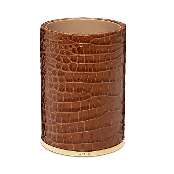 Aerin Classic Croc Embossed Leather Pencil Cup - Chestnut