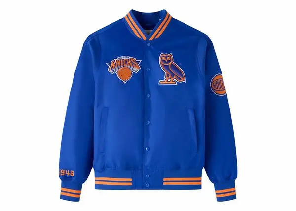 OVO X New York Knicks Satin Varsity Jacket - Blue