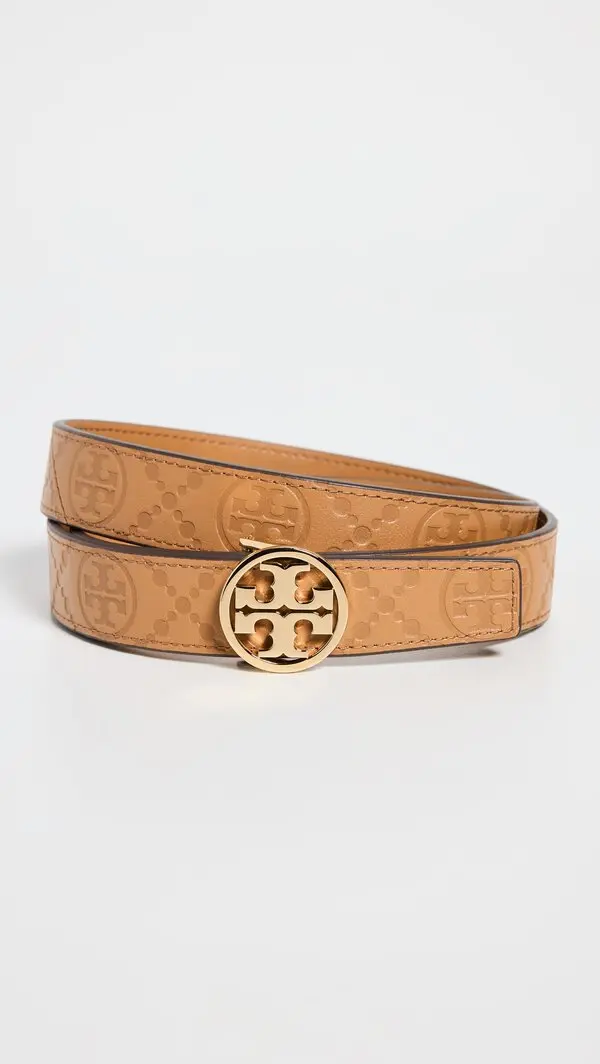 Tory Burch Skinny Belt Cognac Leather Gold Double T Logo Buckle Amazon.com: Tory Burch 84841 Classic Tan And Poppy Red With  main image 4