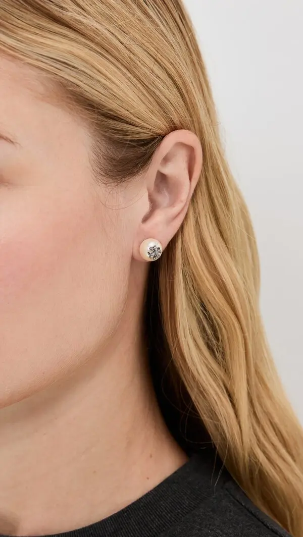 Tory Burch Kira Pearl Logo Stud Earrings in Silver Tory Burch Kira Pavé Double T Imitation Pearl Stud Earrings  main image 3
