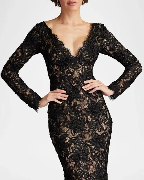 Tadashi Shoji Eyelash Floral Lace Gown - Black/nude
