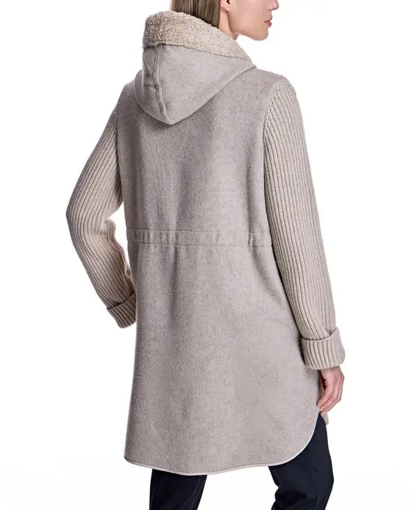 MAXIMILIAN Hooded Shearling Coat With Knit Trim - Caffe Latte