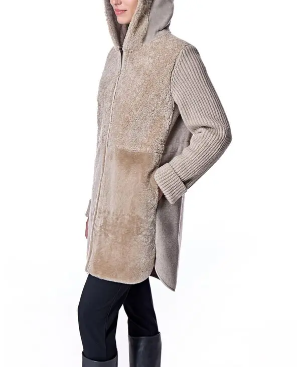 MAXIMILIAN Hooded Shearling Coat With Knit Trim - Caffe Latte