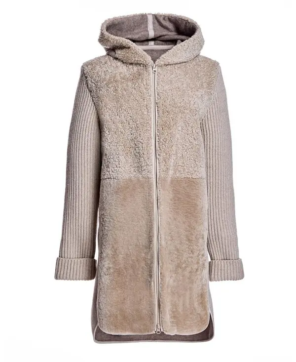 MAXIMILIAN Hooded Shearling Coat With Knit Trim - Caffe Latte