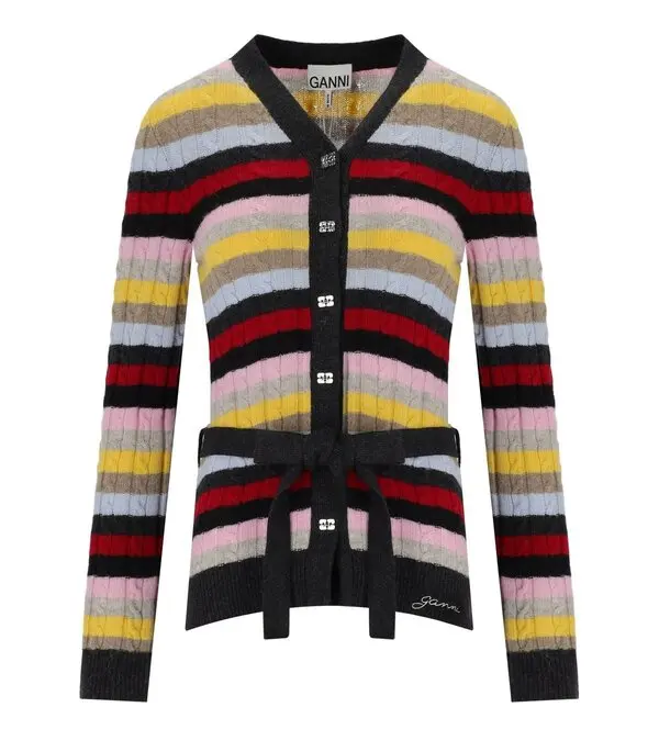 GANNI Striped Wool Cardigan With Belt - Multicolor