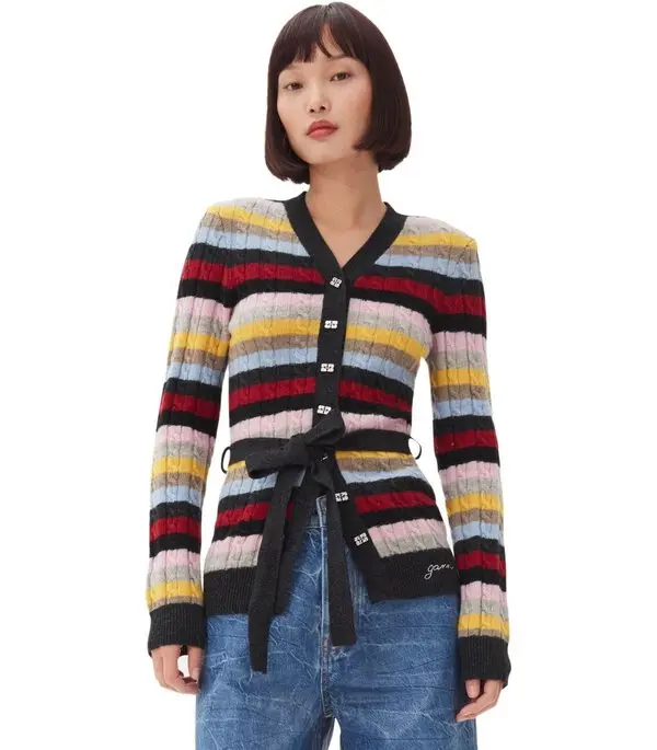 GANNI Striped Wool Cardigan With Belt - Multicolor