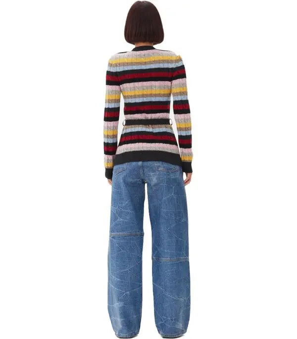 GANNI Striped Wool Cardigan With Belt - Multicolor