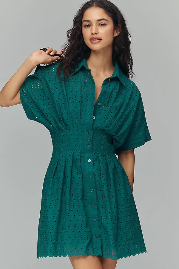 EXQUISE Tobie Eyelet Mini Shirtdress - Green