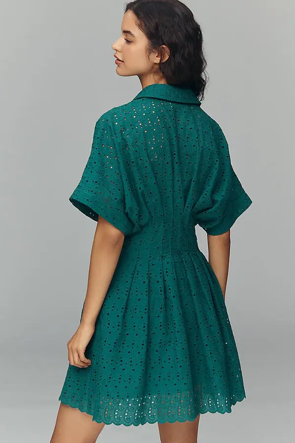Exquise Eyelet Mini Shirt Dress - Green | Editorialist