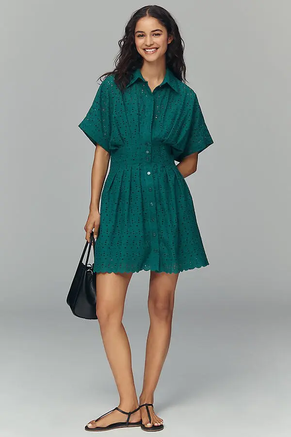 EXQUISE Tobie Eyelet Mini Shirtdress - Green