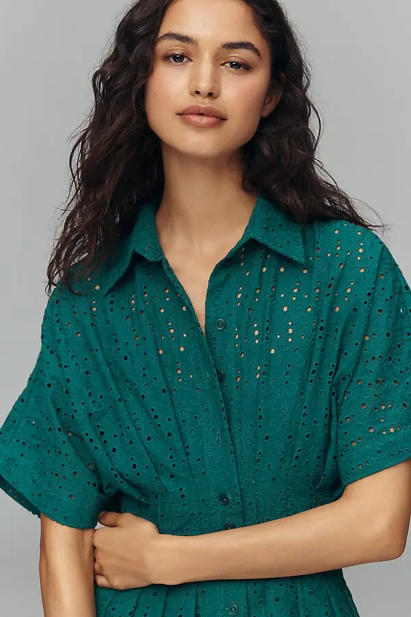 EXQUISE Tobie Eyelet Mini Shirtdress - Green