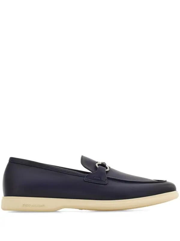 FERRAGAMO Gancini Plaque Leather Loafers - Blue