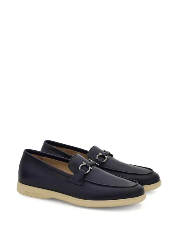 FERRAGAMO Gancini Plaque Leather Loafers - Blue