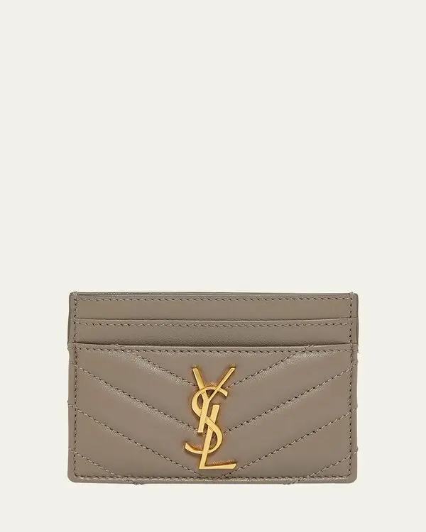 Saint Laurent Monogram Card Case In Quilted Smooth Leather - Greyish Brown