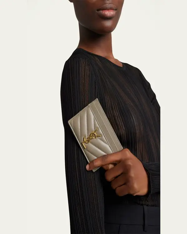 Saint Laurent Monogram Card Case In Quilted Smooth Leather - Greyish Brown