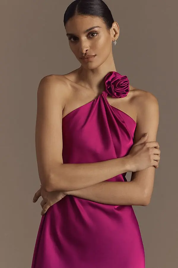 navy blue dress for baby girl Liv Foster Clara One-Shoulder Rosette Satin A-Line Maxi Dress main image 1